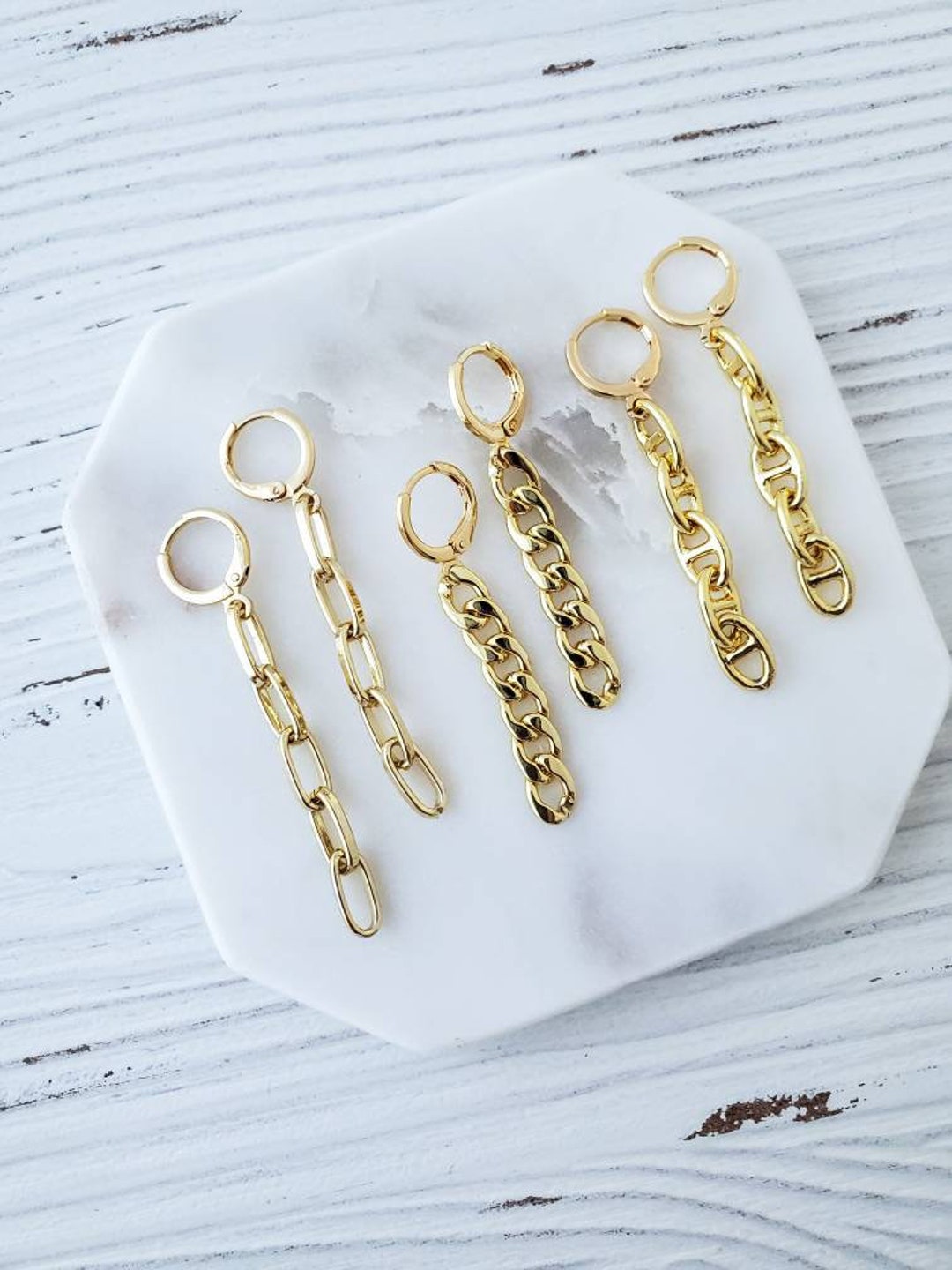 Gold Chain Link Hoops, Huggies, Hoop Earrings, Gold Mariner Chain ...