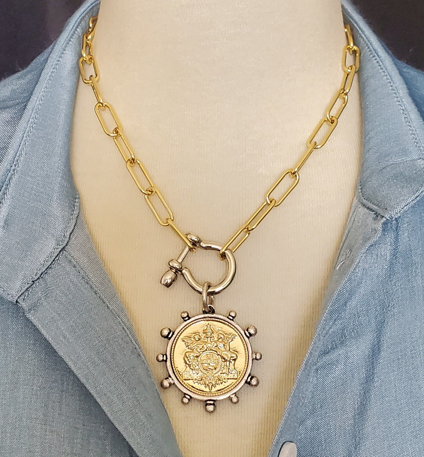 Large Gold Coin Pendant Necklace, Silver Shackle Carabiner, French Coin ...