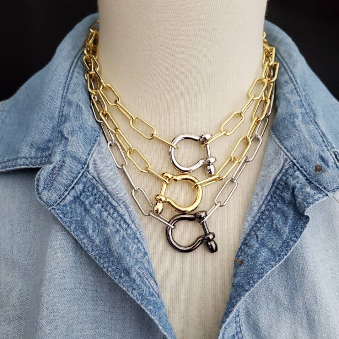 SHACKLED Choker, Paperclip Chain Necklace, Shackle Carabiner Necklace ...