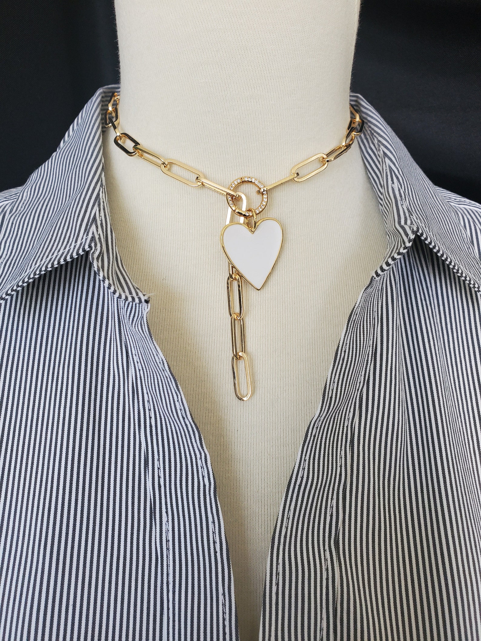 Gold Thick Chunky Paperclip Chain Necklace CZ Carabiner | Etsy