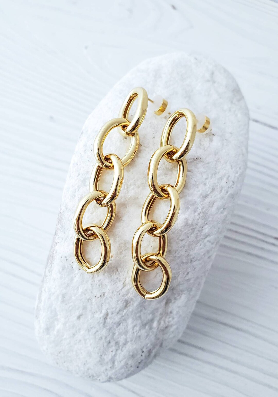 Gold Chunky Chain Link Earrings, Large Long Paperclip Chain Earrings ...