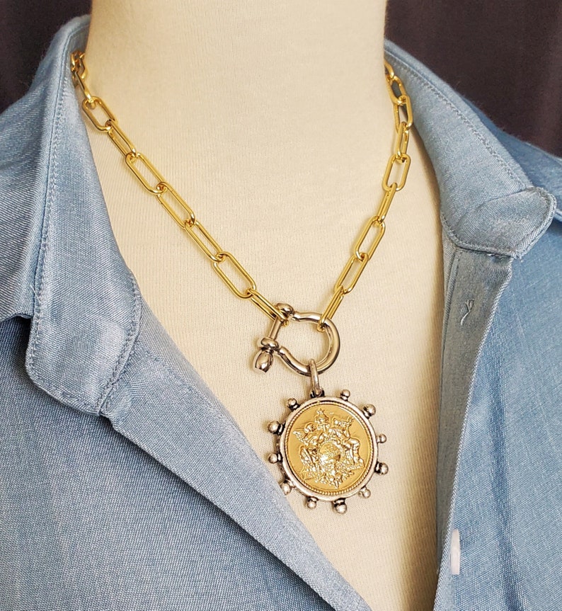 Large Gold Coin Pendant Necklace, Silver Shackle Carabiner, French Coin ...