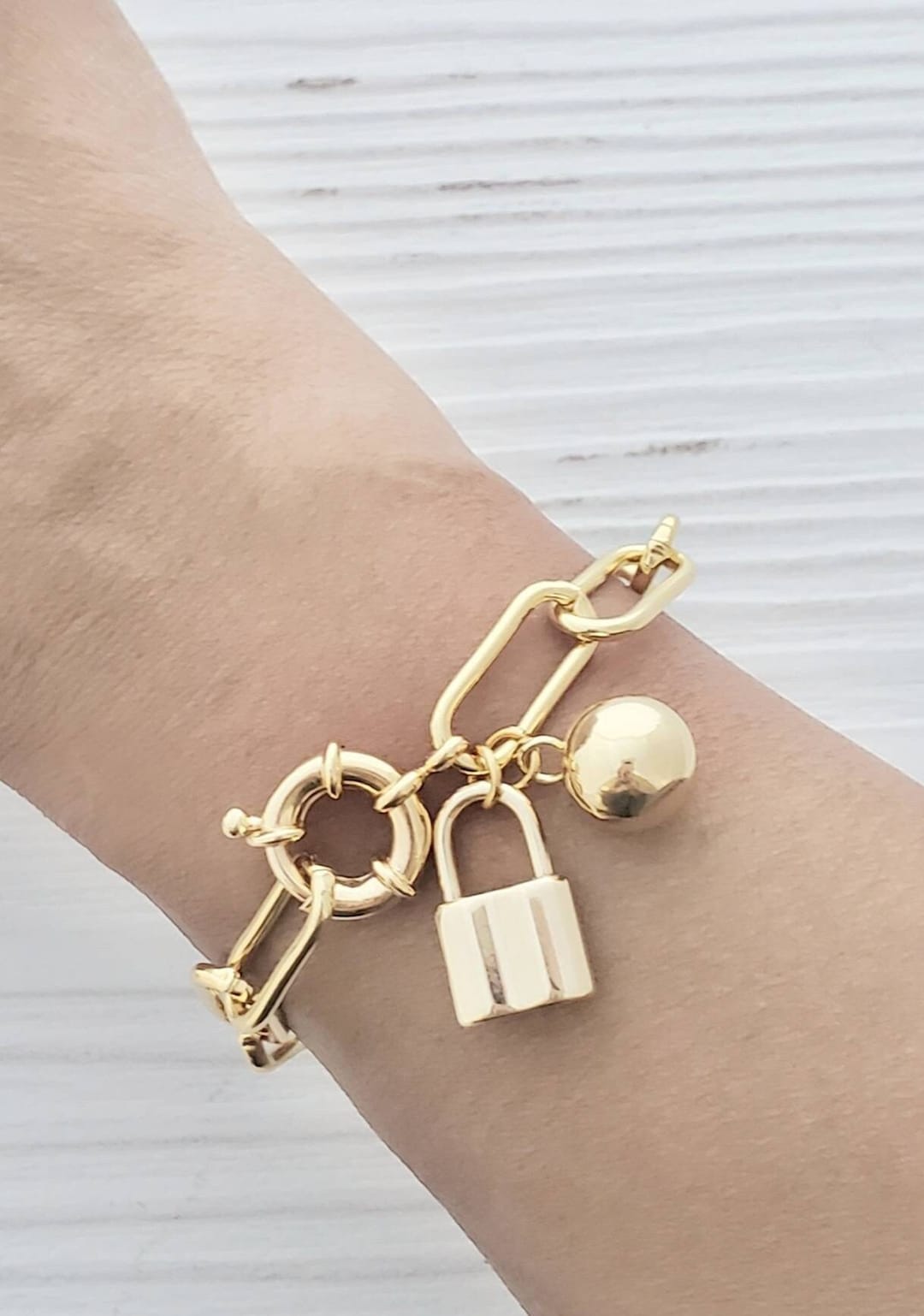 Gold Paperclip Charm Bracelet, Ball & Lock Charm Bracelet, Gold ...