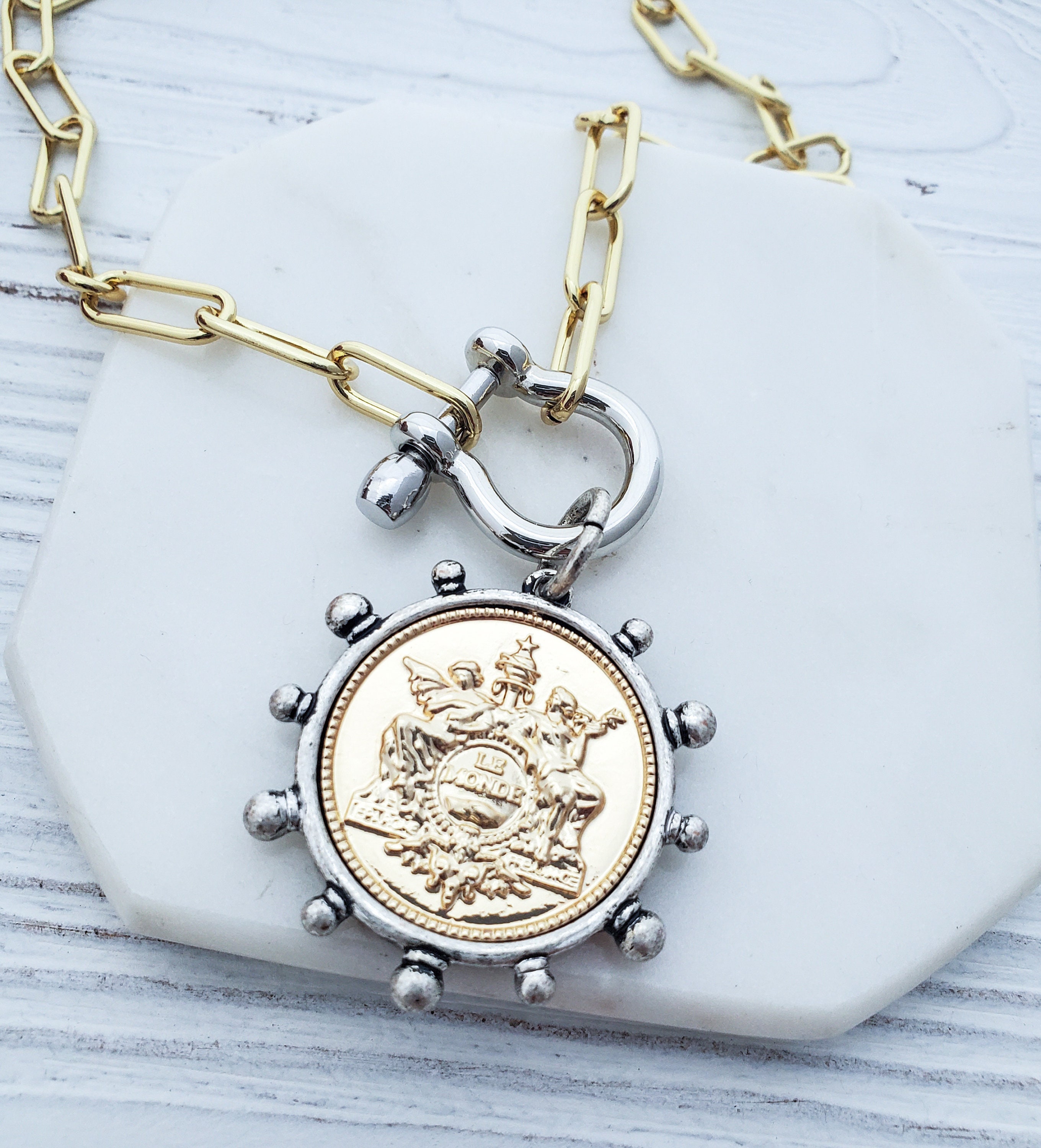 Large Gold Coin Pendant Necklace, Silver Shackle Carabiner, French Coin ...