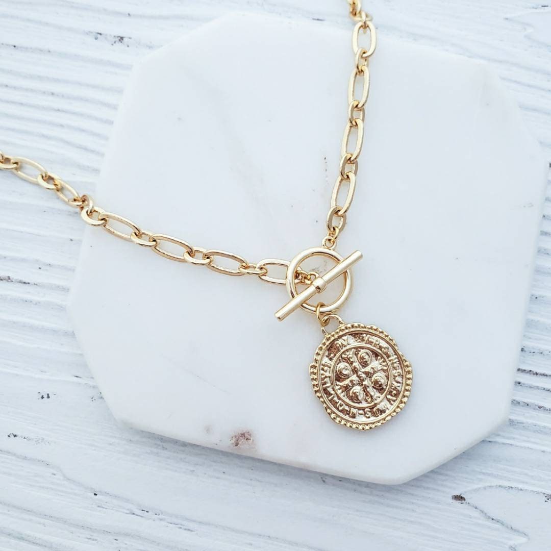 Gold Cross Medallion Coin Toggle Necklace, Gold Paperclip Chain ...
