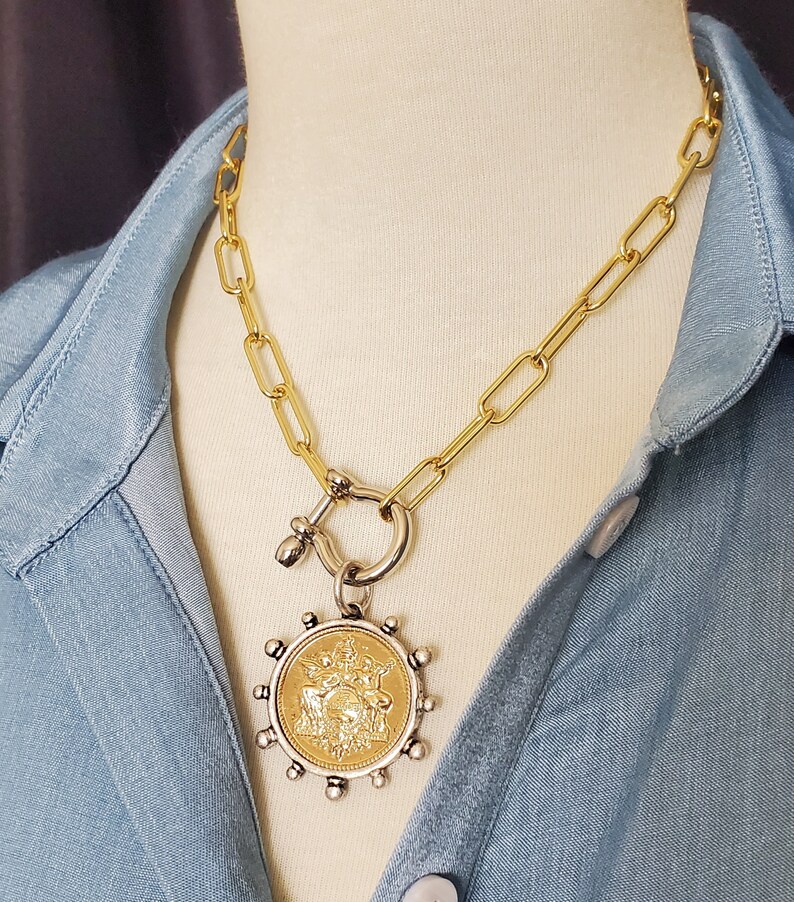 Large Gold Coin Pendant Necklace, Silver Shackle Carabiner, French Coin ...