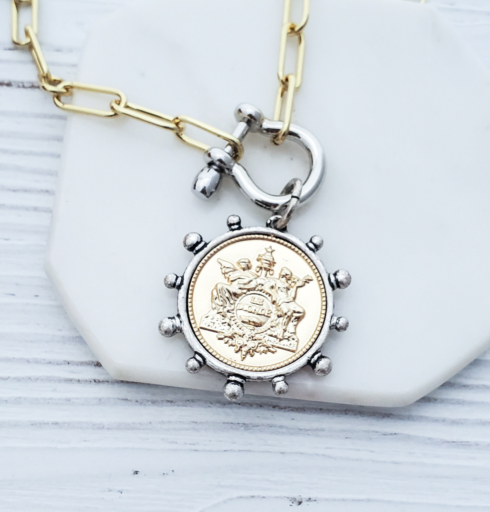 Large Gold Coin Pendant Necklace, Silver Shackle Carabiner, French Coin ...