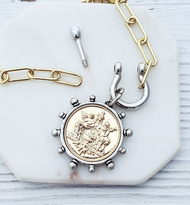 Large Gold Coin Pendant Necklace, Silver Shackle Carabiner, French Coin ...