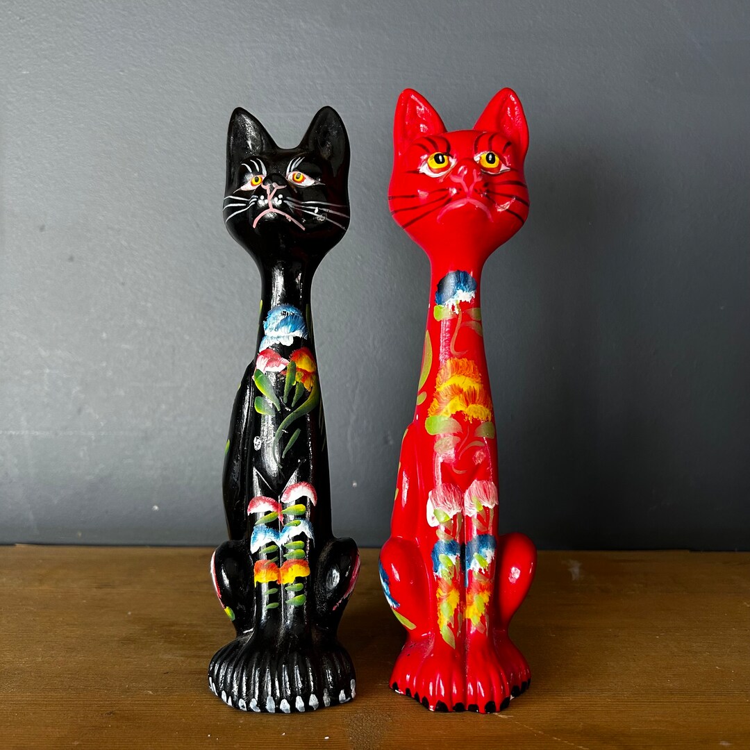 Italian Pottery Long Neck Cats Red / Black - Etsy
