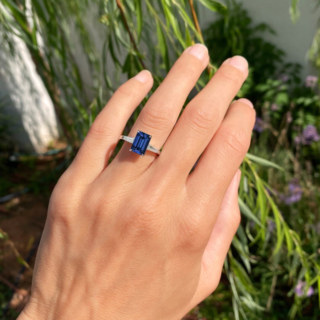 2ct Emerald Cut Blue Sapphire Engagement Ring 14k White Gold - Etsy