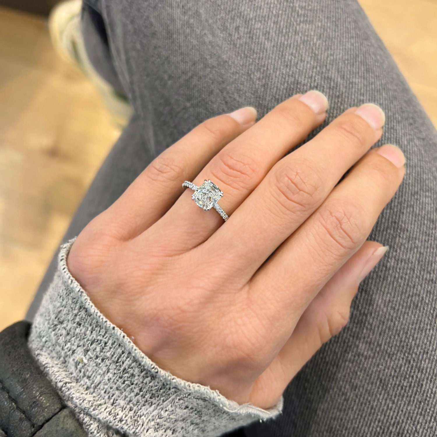1 Carat Cushion Cut Engagement Rings On Finger