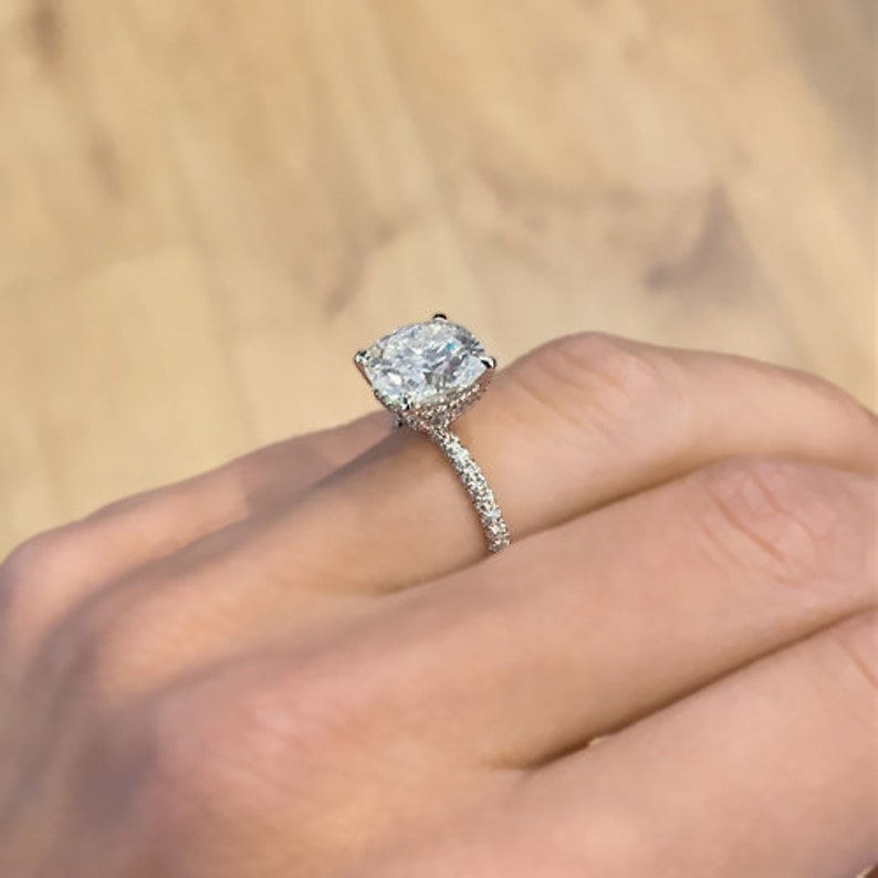 Cushion Cut Moissanite Engagement Ring Hidden Halo Crushed Ice Etsy