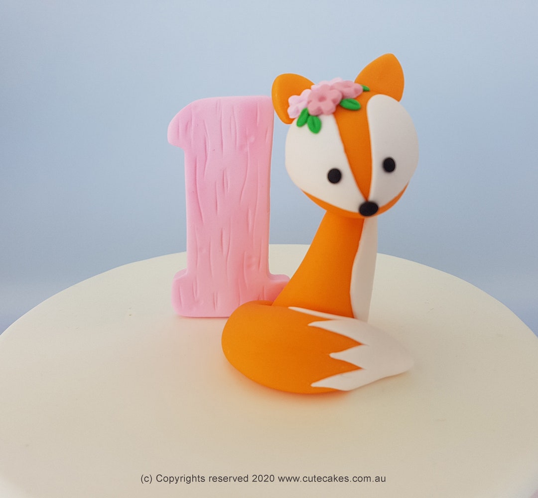 Baby Fox Birthday Cake Topper Woodland Party Girl Figurine Fondant ...
