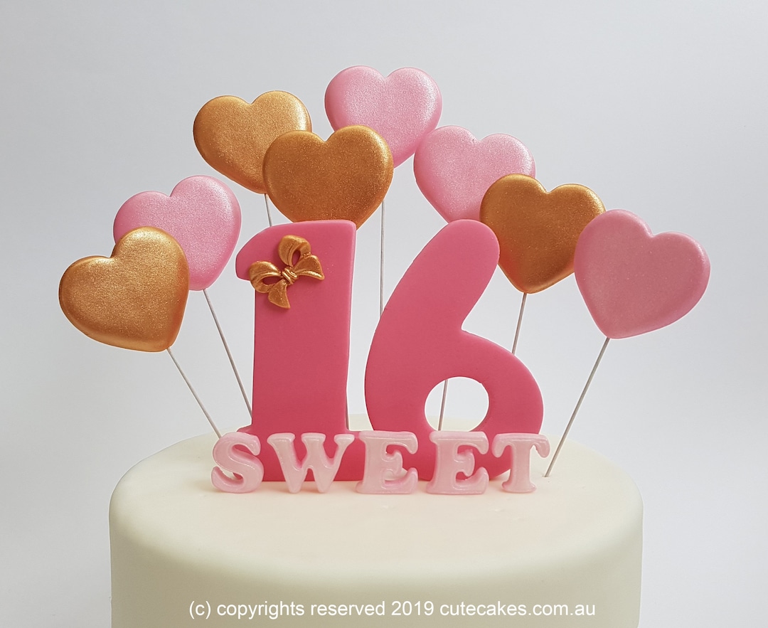 Sweet Sixteen 16 Cake Topper Love Hearts Hot Pink Birthday Party Large ...