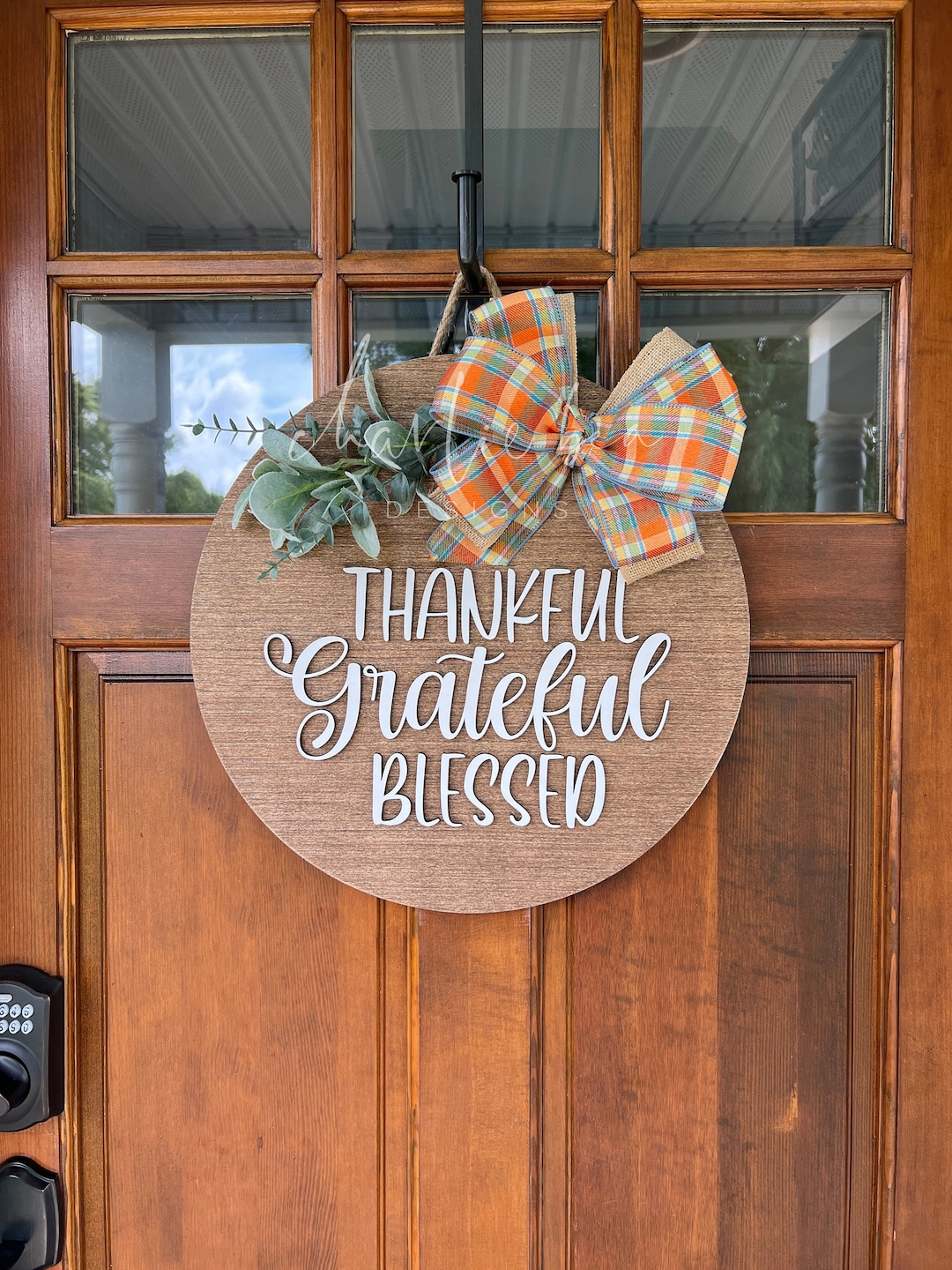 Thankful Grateful Blessed Door Hanger: Orange Buffalo Plaid Fall Decor ...