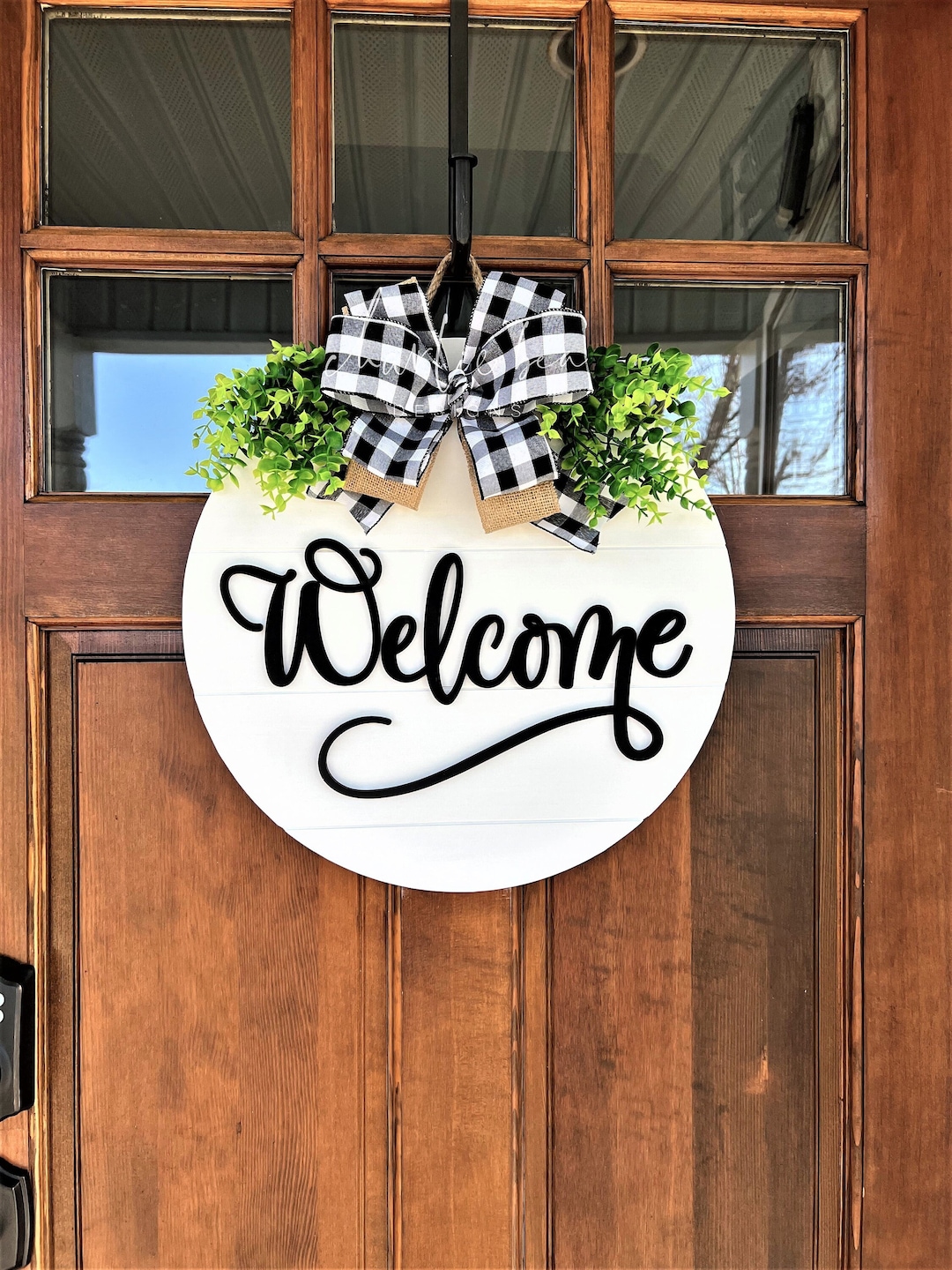 Welcome Door Sign: 18" Shiplap Round, Buffalo Plaid Bow - Etsy