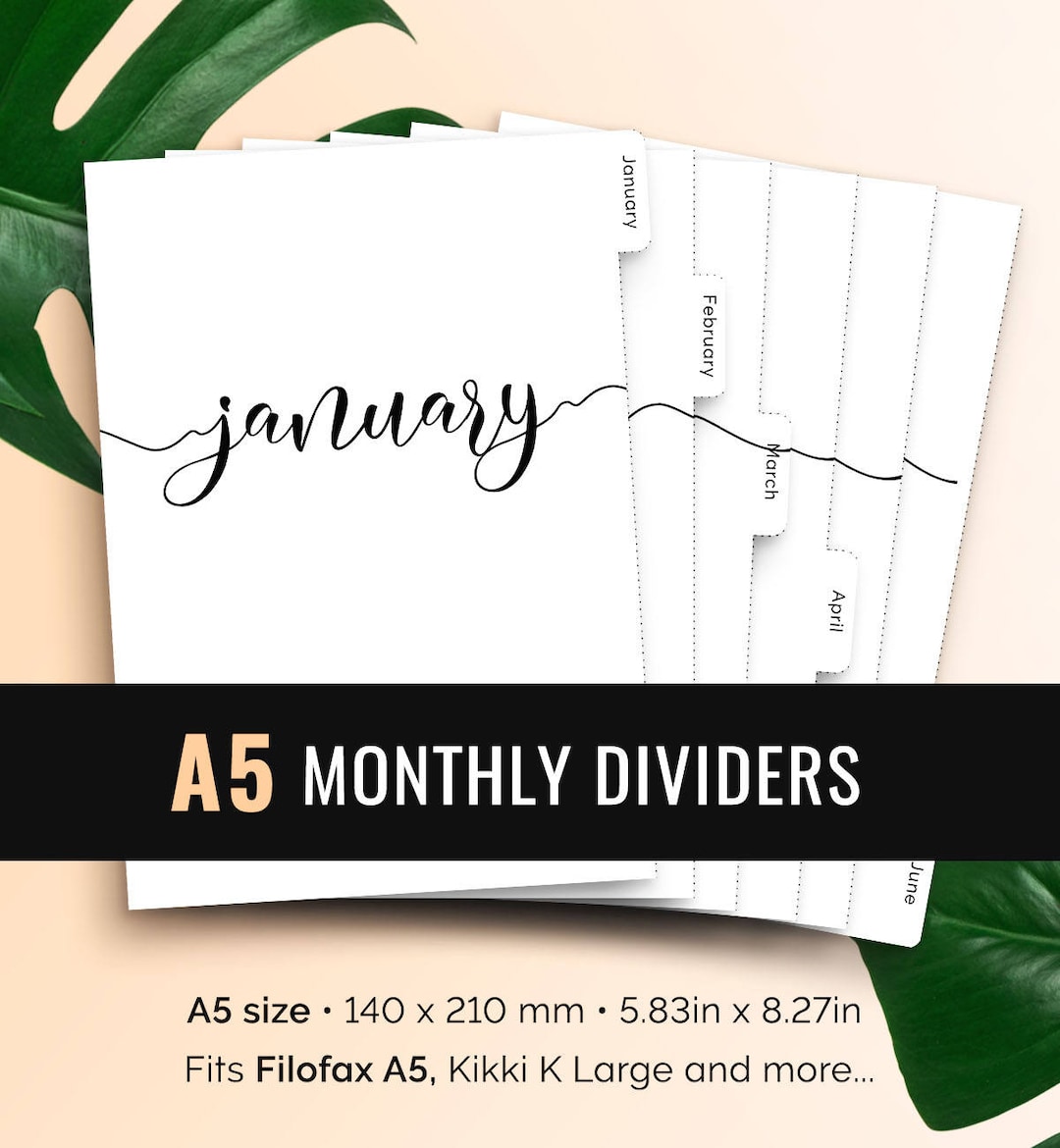 A5 Monthly Planner Dividers • Printable Tabbed Filofax Monthly Dividers ...