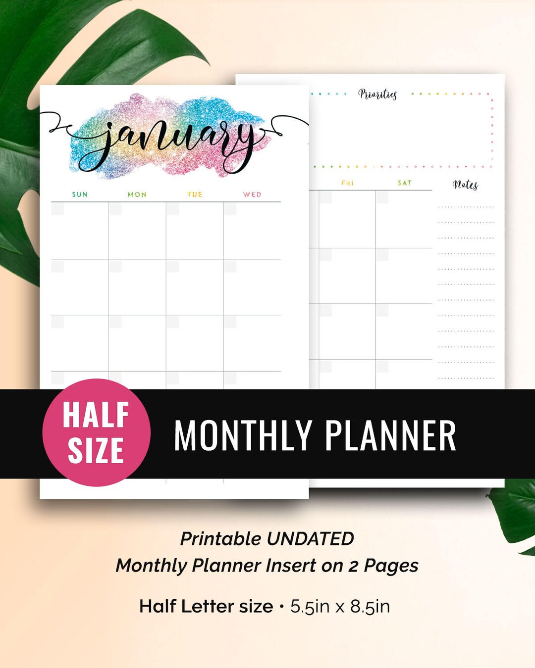 Half Size Insert Printable Monthly Planner Insert • Undated Monthly ...