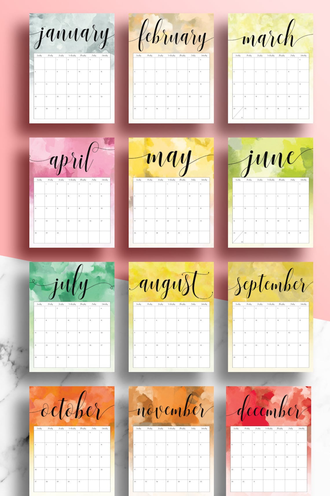 Wall Calendar 2020 Watercolor Calendar 2020 2020 Printable | Etsy
