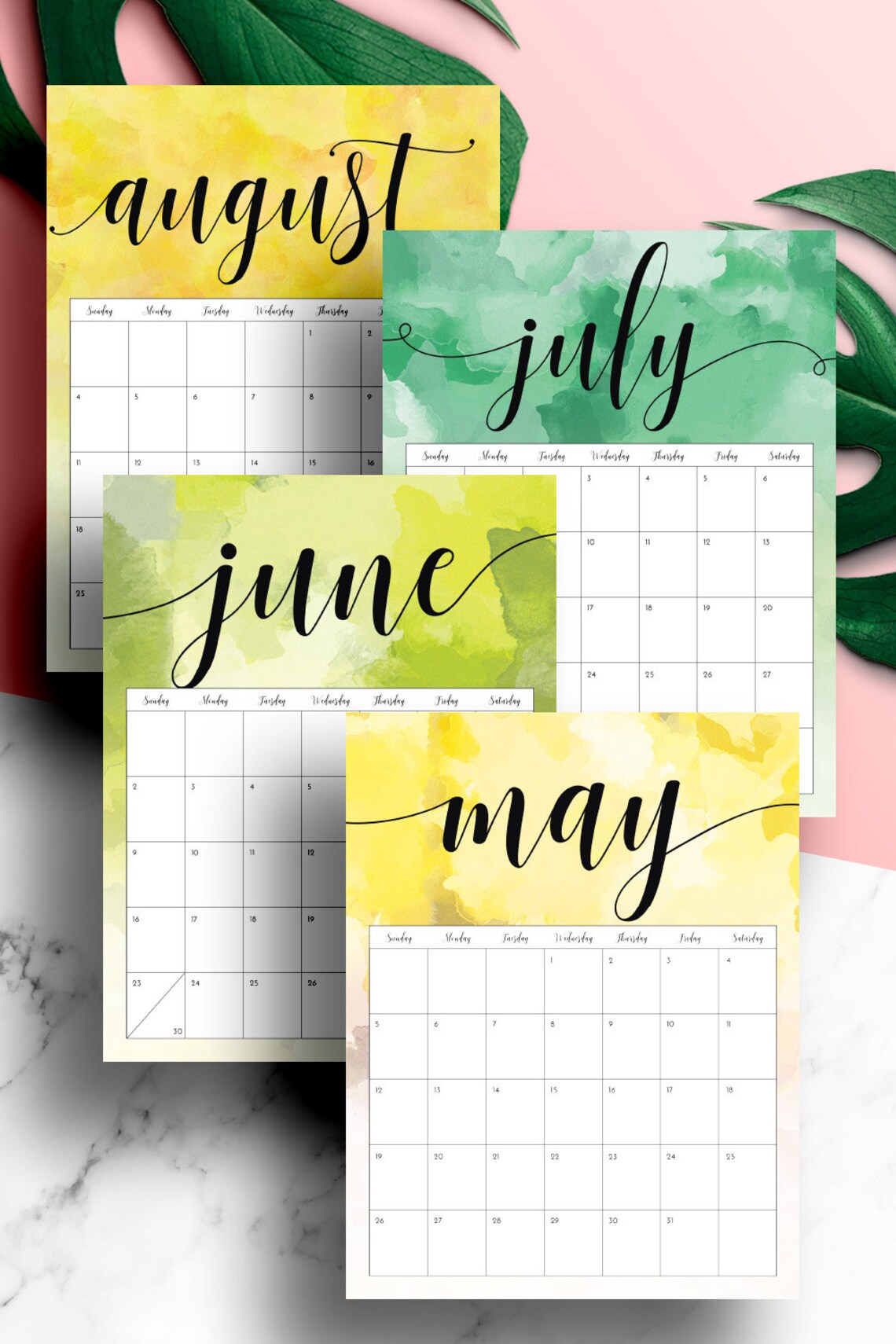 Wall Calendar 2020, Watercolor Calendar 2020, 2020 Printable Monthly ...
