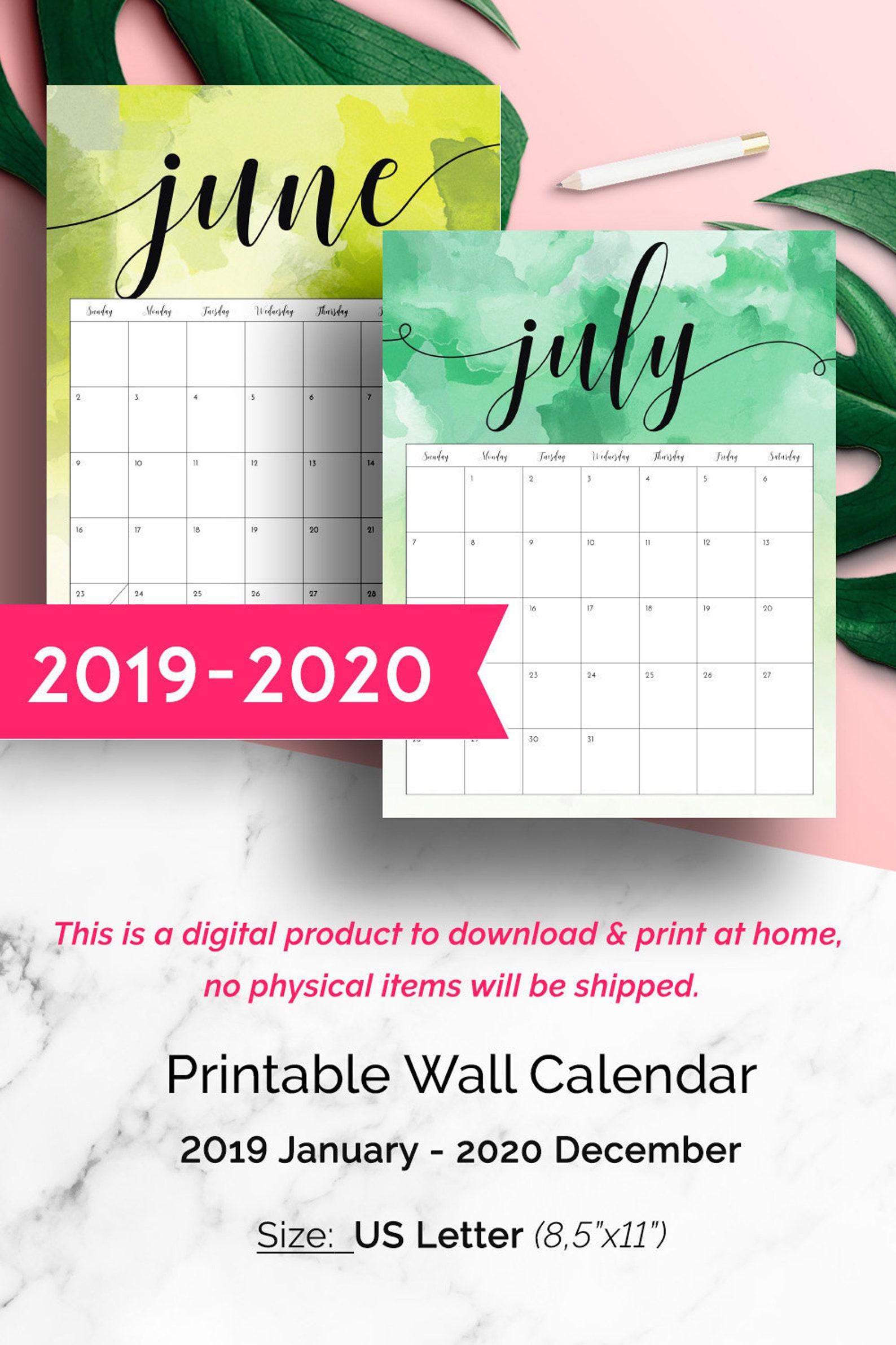 Wall Calendar 2020 Watercolor Calendar 2020 2020 Printable | Etsy