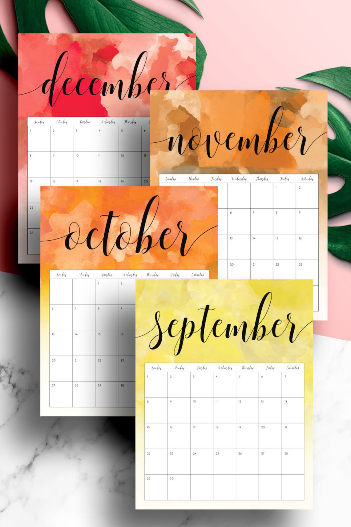 Wall Calendar 2020, Watercolor Calendar 2020, 2020 Printable Monthly ...