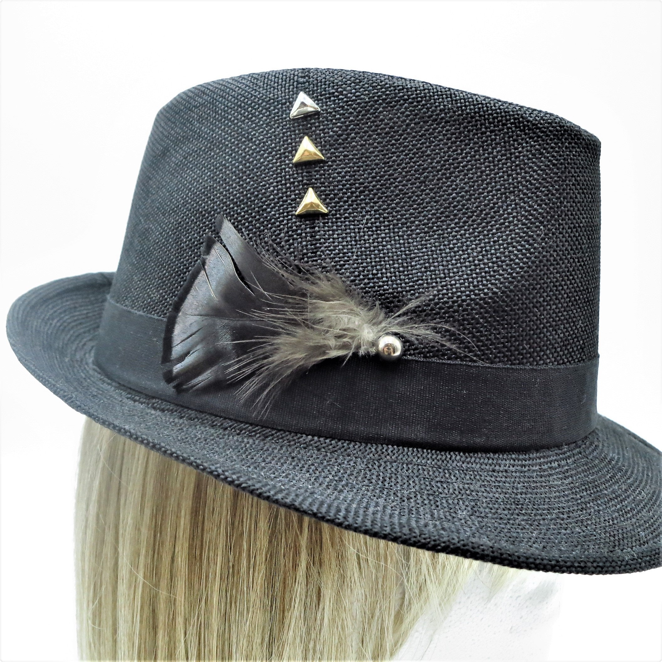 Fedora Hat Black Tweed Hat Gold Silver Studs Unisex Turkey Feather OOAK ...