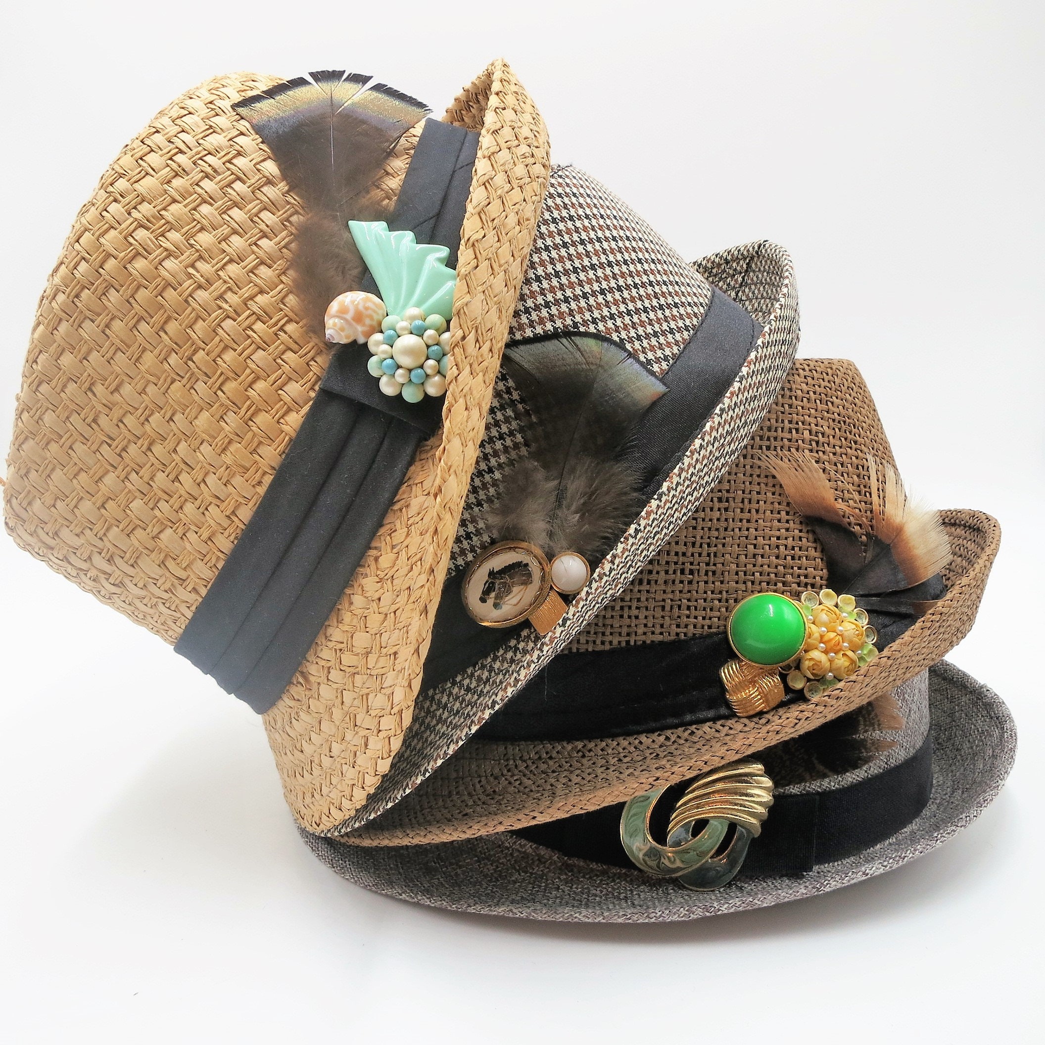 Fedora Hat Black Tweed Hat Gold Silver Studs Unisex Turkey Feather OOAK ...