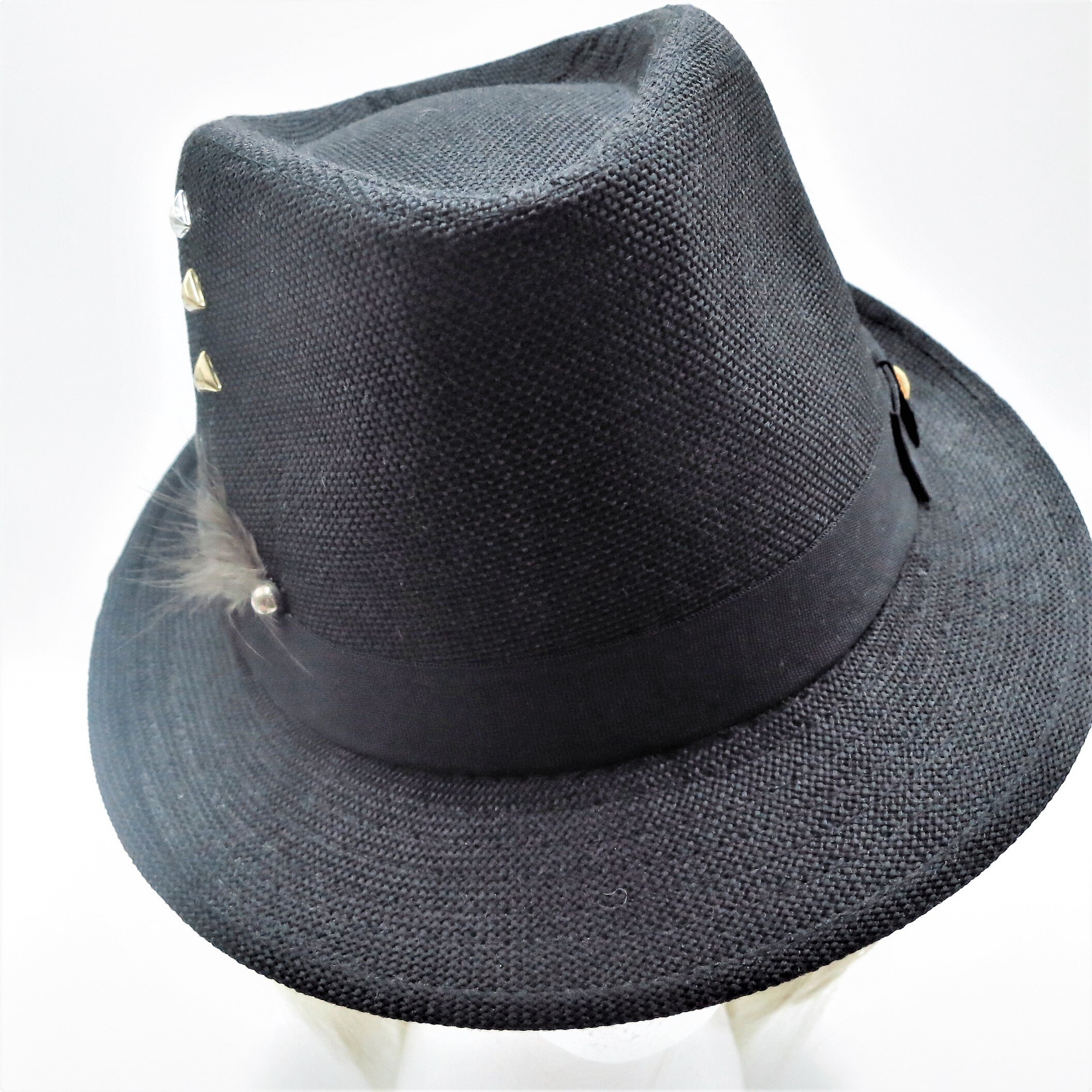Fedora Hat Black Tweed Hat Gold Silver Studs Unisex Turkey Feather OOAK ...