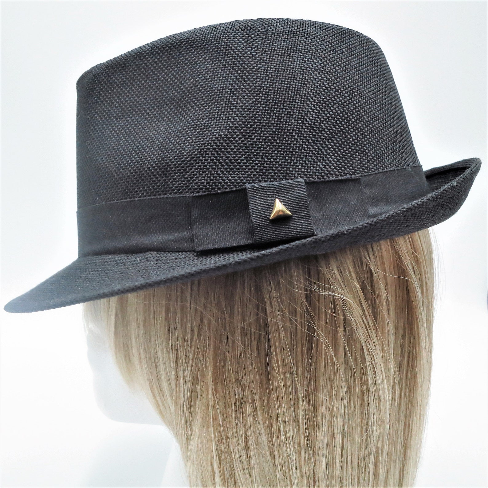 Fedora Hat Black Tweed Hat Gold Silver Studs Unisex Turkey Feather OOAK ...