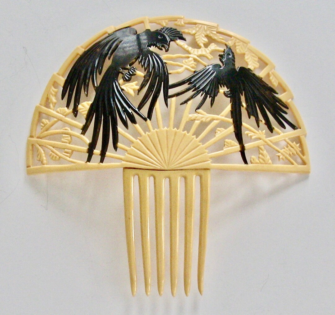 Art Deco Figural Parrots & Vines Hair Comb, Celluloid Comb Bird Motif ...