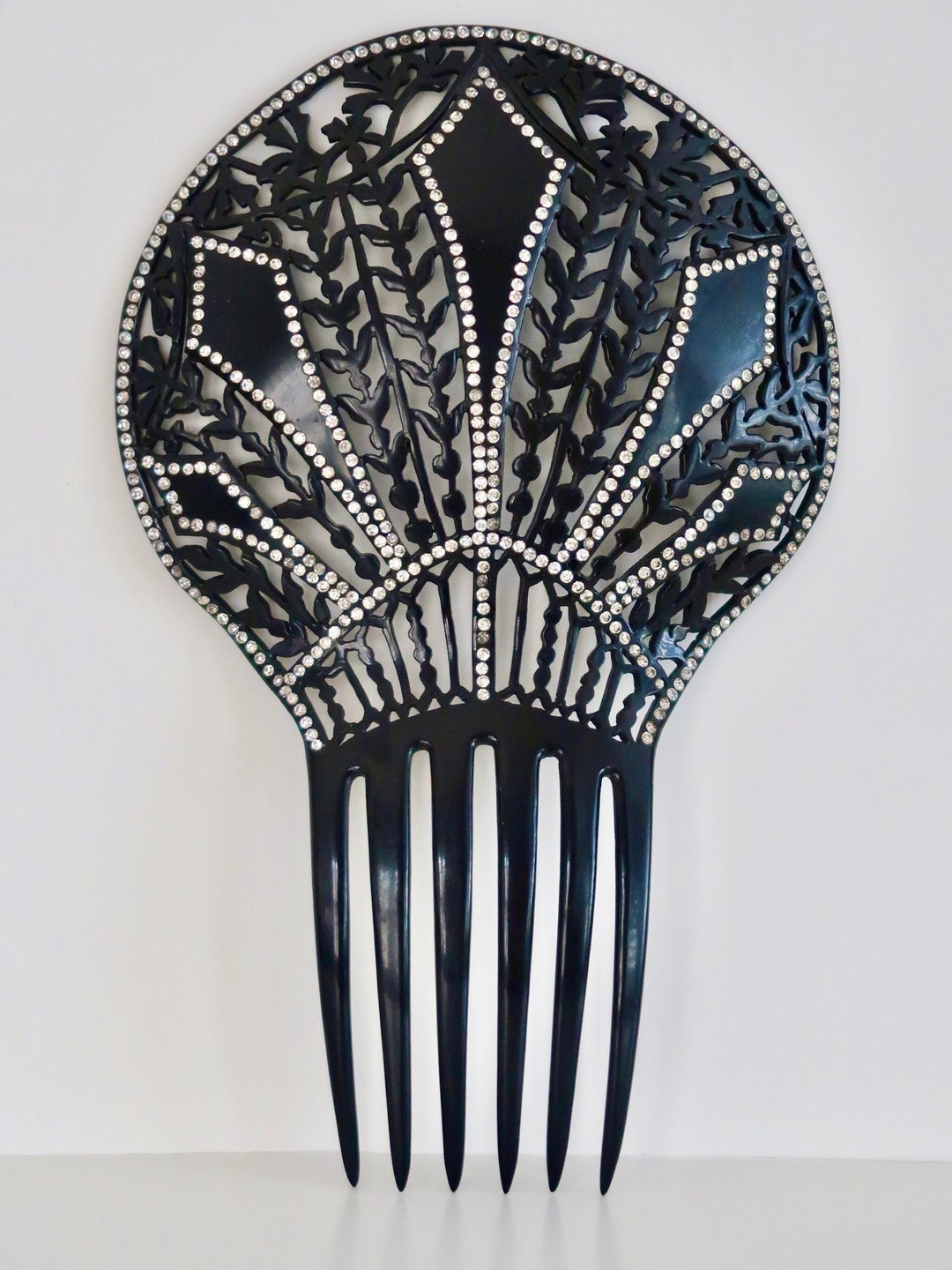 Art Deco Large Clear Paste Foliate Openwork Black Celluloid Hair Comb ...