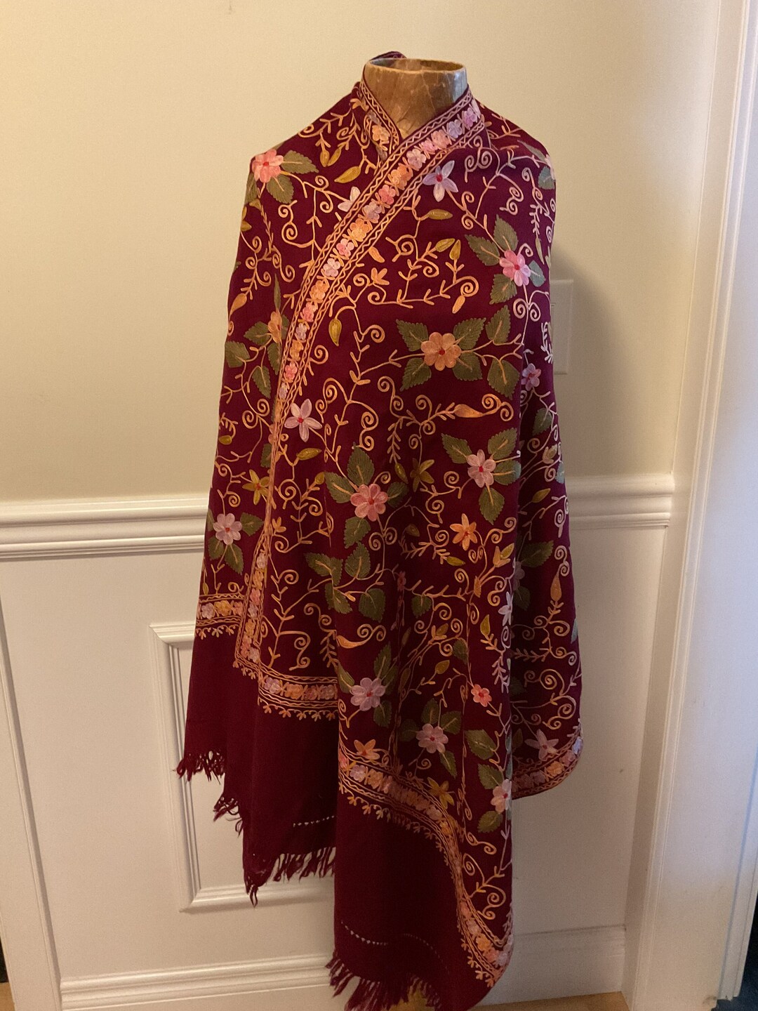 Kashmiri Floral Embroidered Wool Wrap Shawl India Rectangular - Etsy