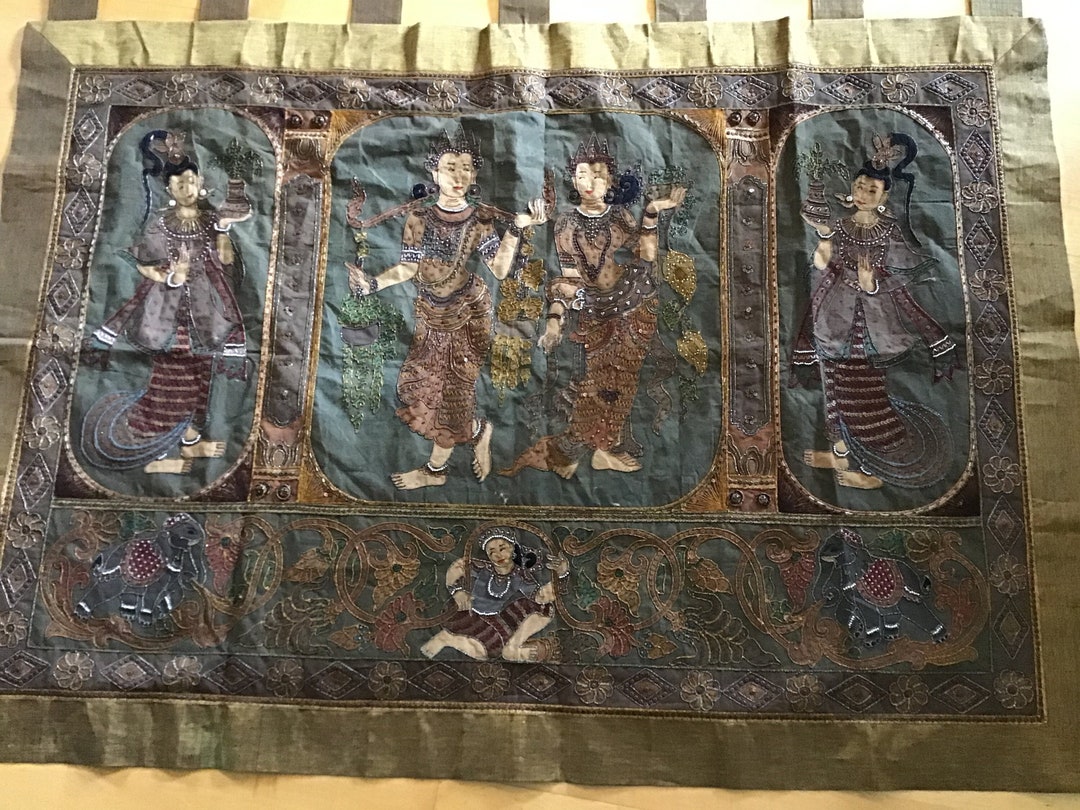 Vintage Kalaga Tapestry Triptych Embroidered Jewelled Figural - Etsy