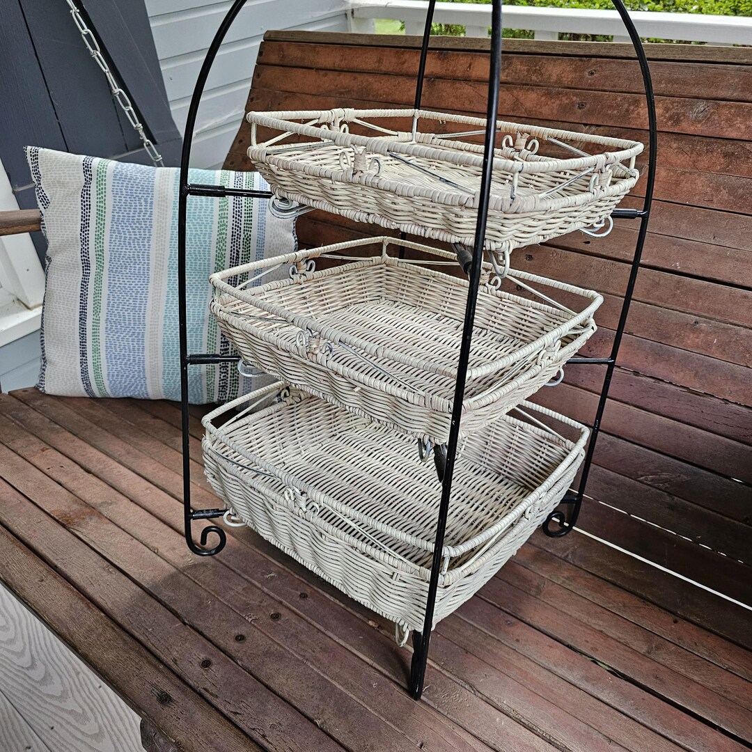 3-tier Metal & Wicker Basket Display Stand: Collapsible Party Decor - Etsy