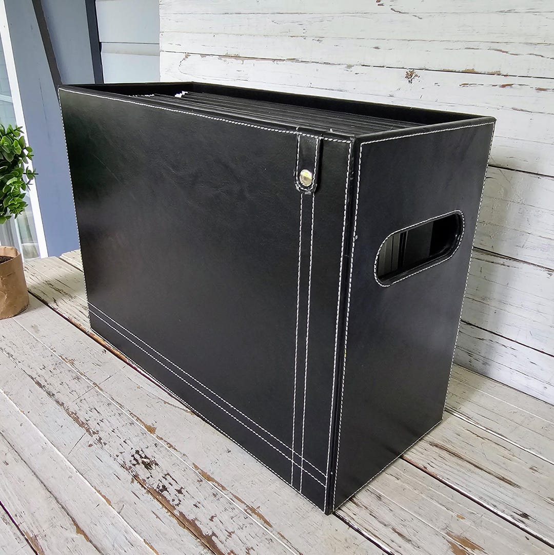 Vintage Black Leather-like File Box - Desktop File Storage - Vintage ...