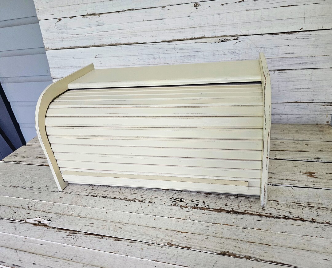Vintage Roll Top Wooden Bread Box Painted White Countertop Storage ...