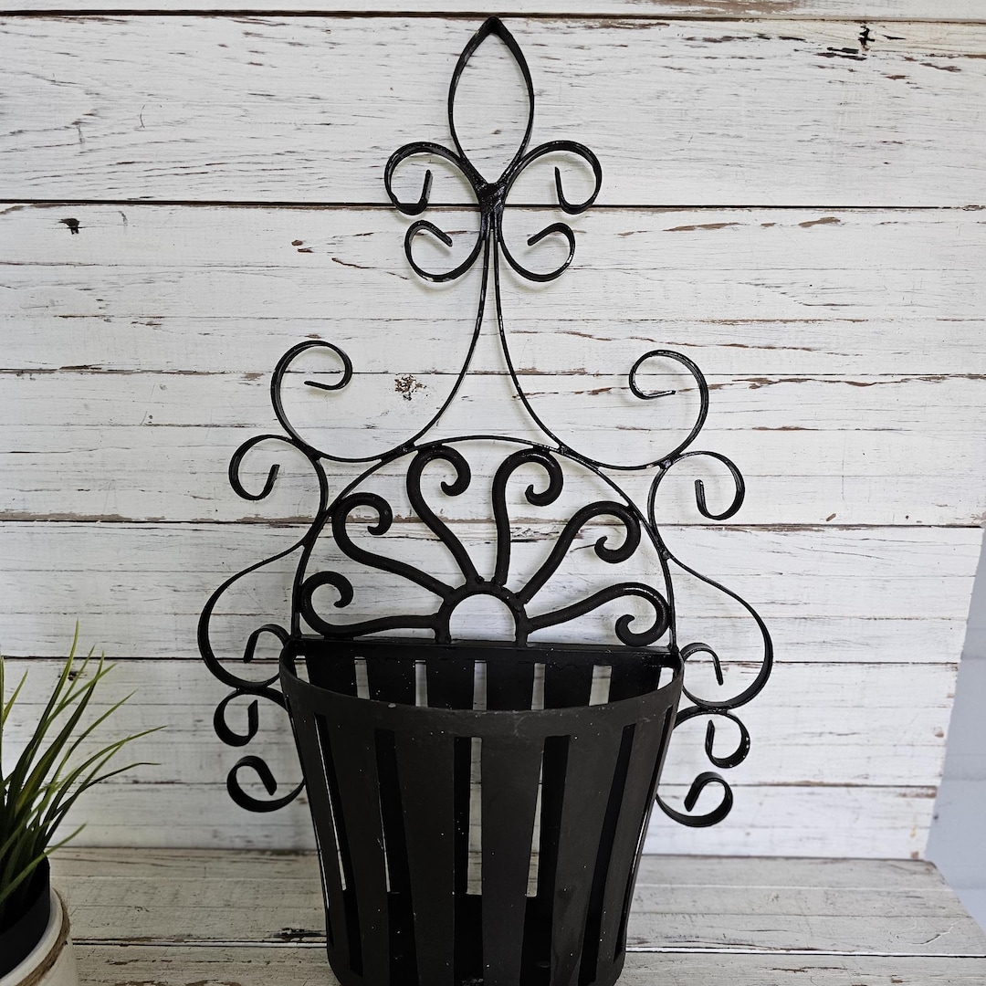 Wrought Iron Wall Planter - Black Metal Ornate Plant Decor - Entryway ...