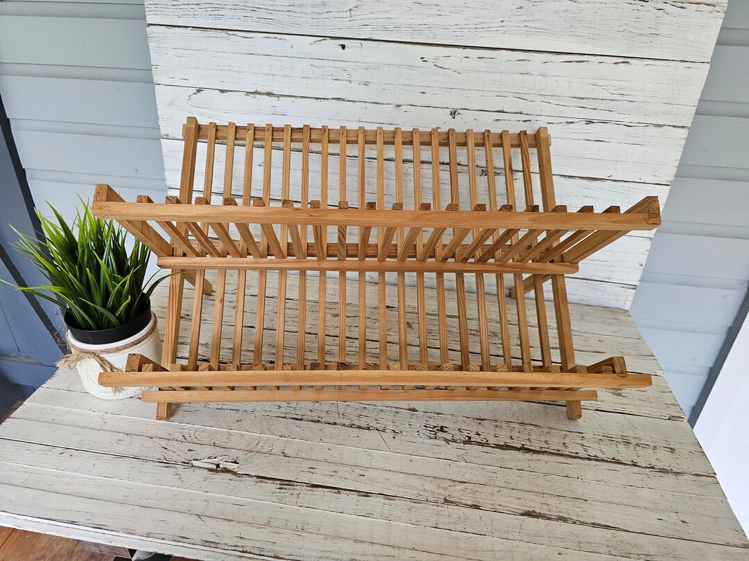 Vintage Wooden Drying Rack Collapsible Plate Rack Countertop Drying ...
