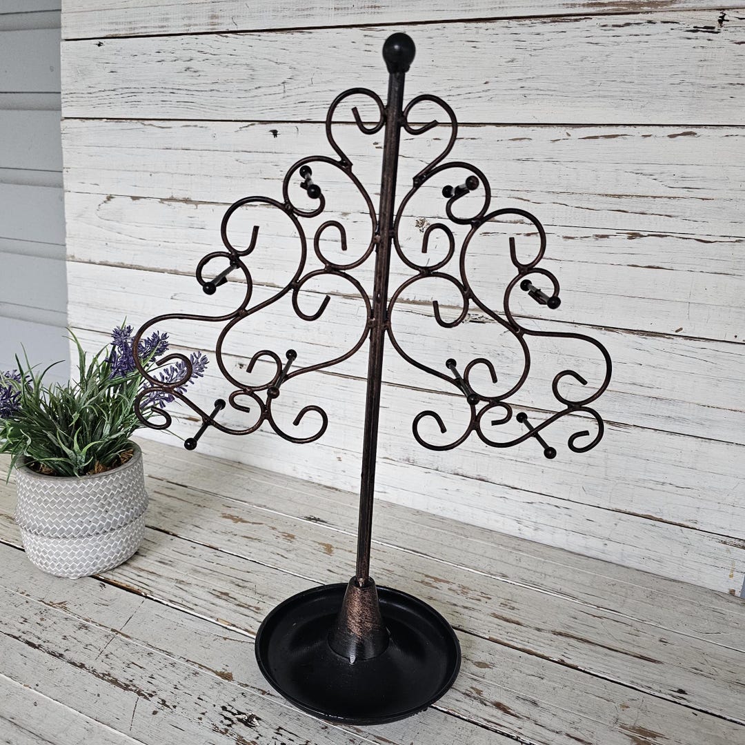Dark Bronze Black Metal 2-sided Jewelry Stand Swirls and Ornate tall ...