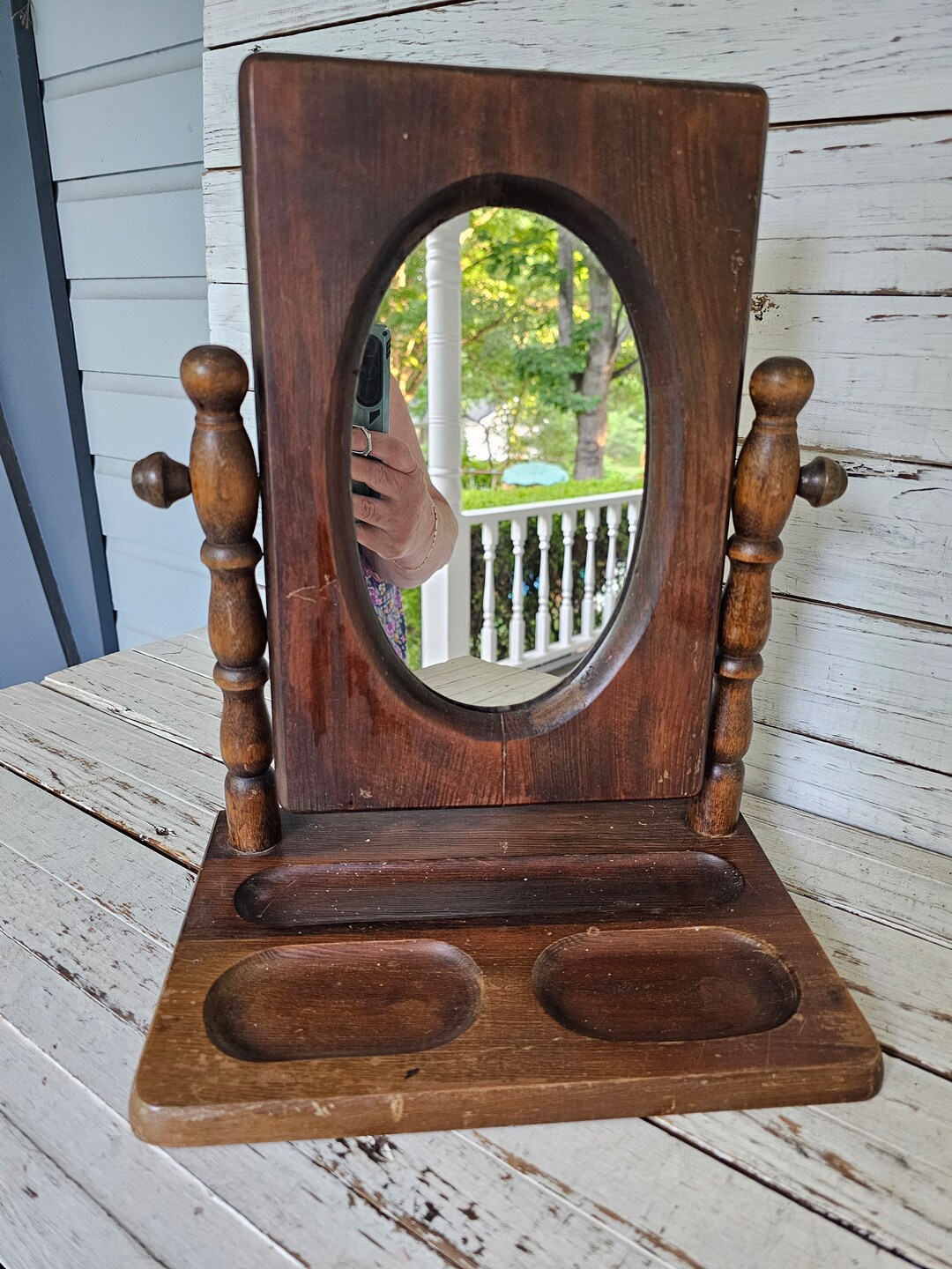 Tabletop Vintage Wooden Mirror and Tray Vanity Stand With Tilting ...