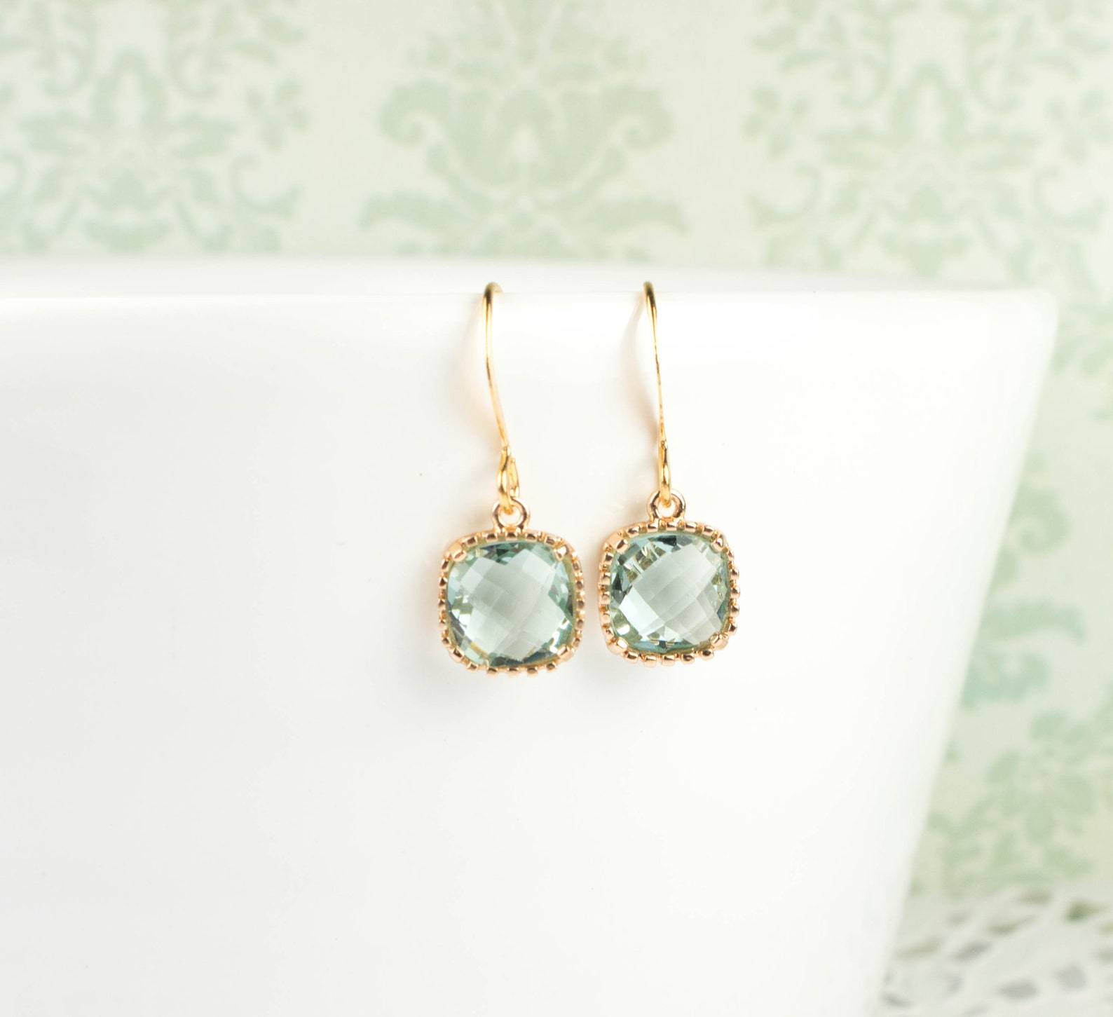 Light Green Gold Earrings Square Pastel Green Earrings | Etsy