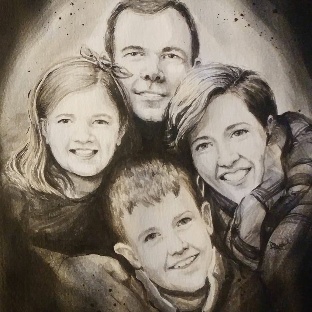 Custom Family Portraits, Hand-painted With Ink From Photo; Personalized ...