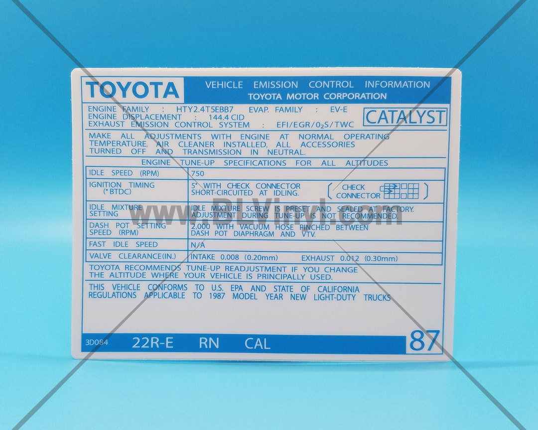 Limited Edition 1987 22RE Vehicle Emission Control Information Decal ...