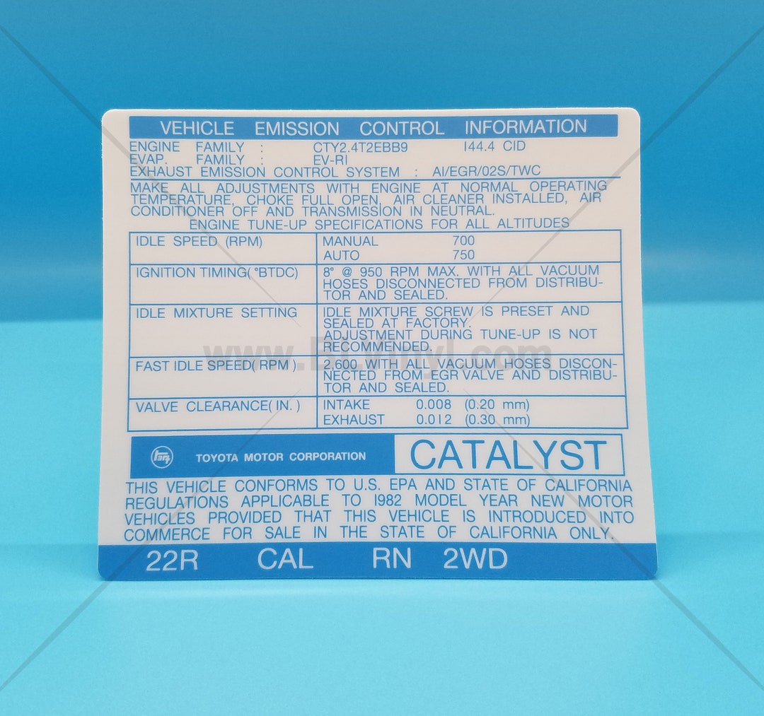 1982 22R Vehicle Emission Control Information Decal (CAL RN 2WD) - Etsy