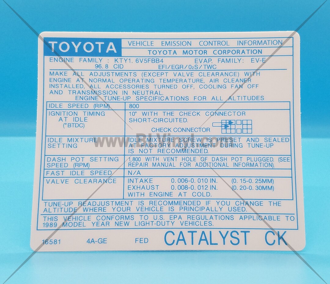 1989 4A-GE Vehicle Emission Control Information Decal (MR2, FED) - Etsy