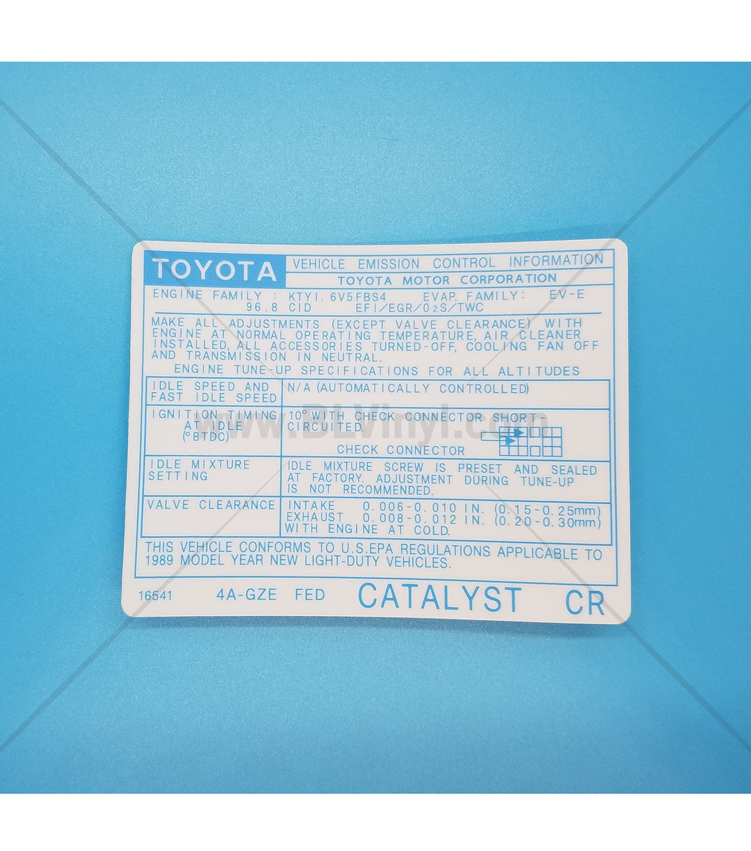 1989 4A-GZE Vehicle Emission Control Information Decal (MR2, FED) - Etsy