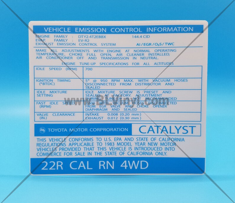 1983 22R CAL Vehicle Emission Control Information Decal RN - Etsy