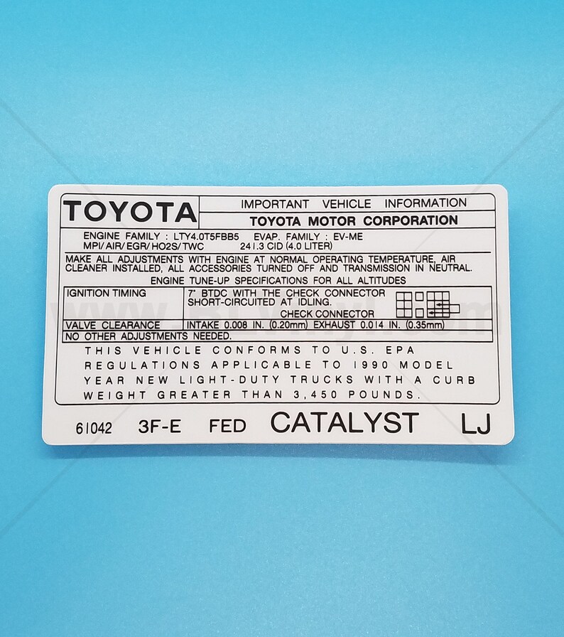 1990 3F-E Important Vehicle Information emissions Decal FED - Etsy
