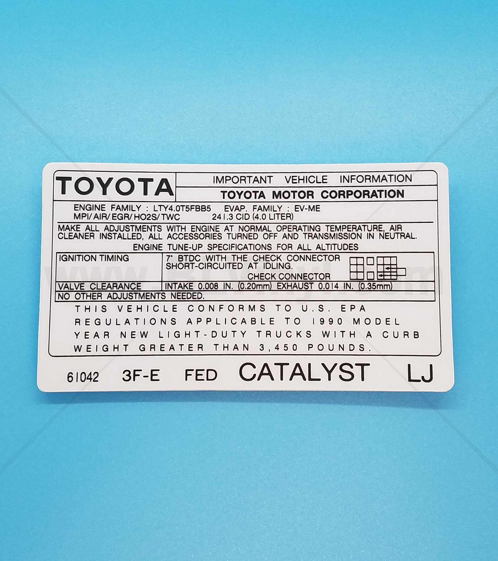 1990 3F-E Important Vehicle Information emissions Decal FED - Etsy
